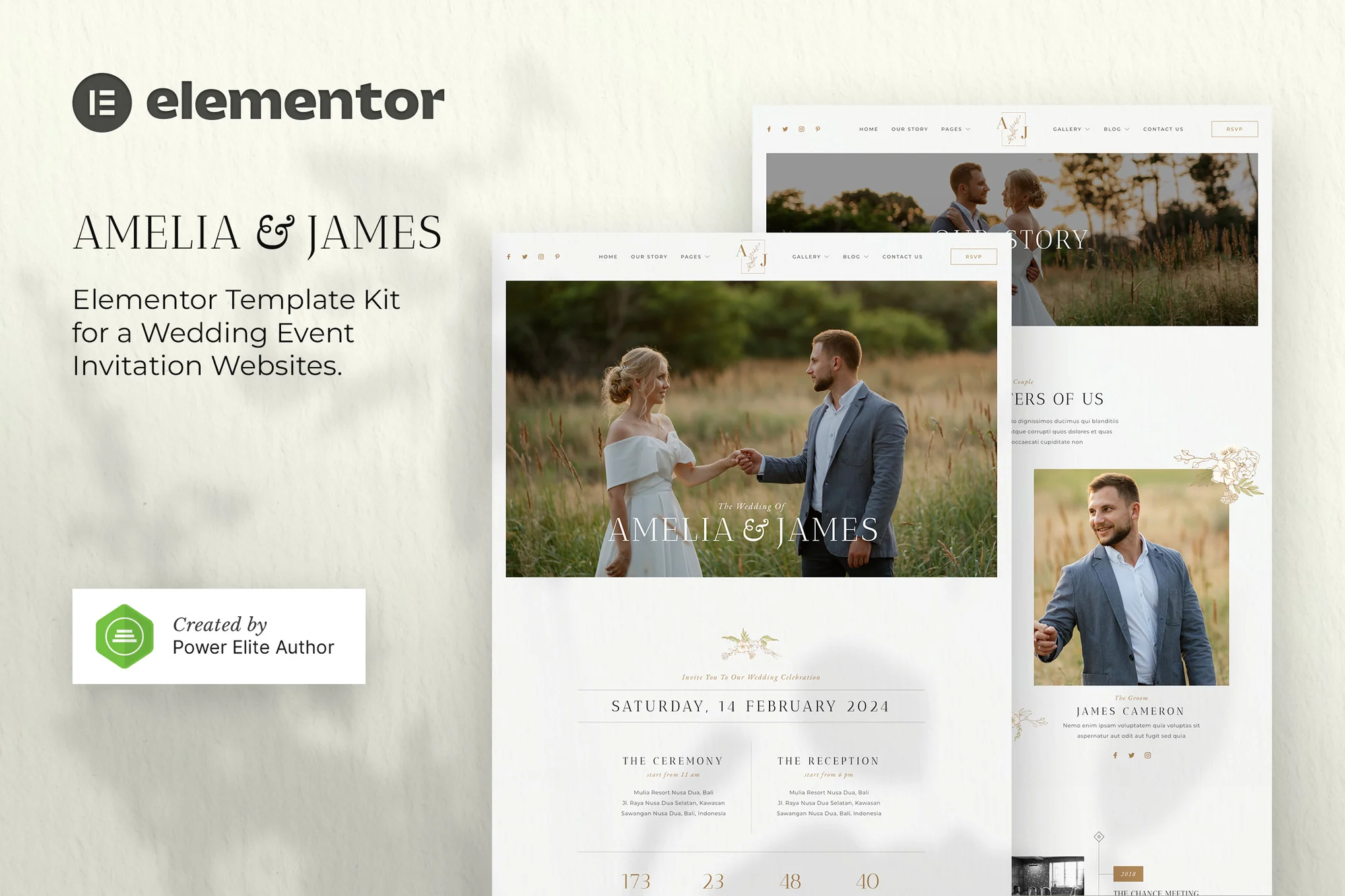 Amelia & James – Wedding Invitation Elementor Template - ePromium